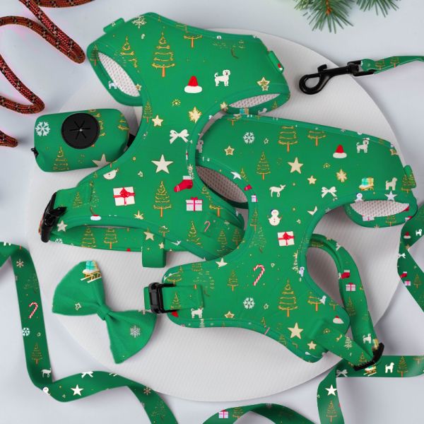 Quality Popular Custom Personalized Designer Luxury No Pull Adjustable Collar Leash Bow Tie and Bandana Reversible Dog Harness Set for sale