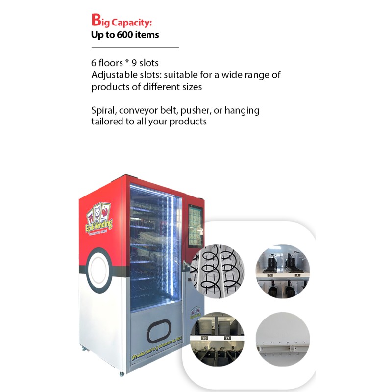 This pokemon vending machine has a big capacity, and you can choose 4 different types of slot for your tcg vending machine