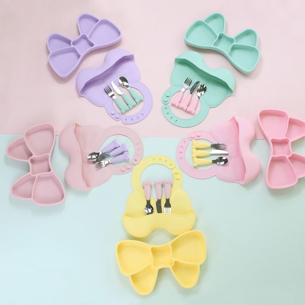Quality Baby Geschirr Weaning Silicone Tableware Set Bib Plate Stainless Steel Spoon Knife Fork for sale
