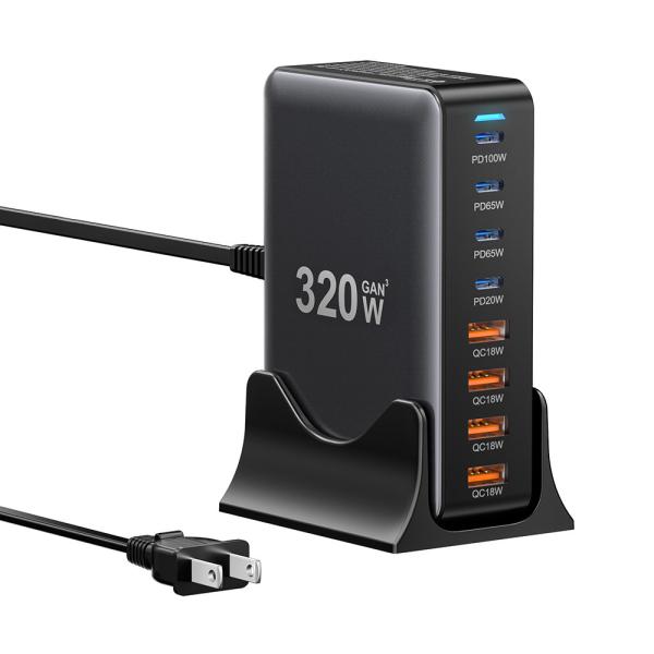 Quality ESSAGER YMX-320W PD 20W 65W 100W 320W QC 18W 8 Ports USB-C USB-A GaN Fast Charger for sale