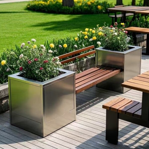 Quality Silver Matte Finish Stainless Steel Planter Box Square Rust Proof Metal Flower Pot for sale