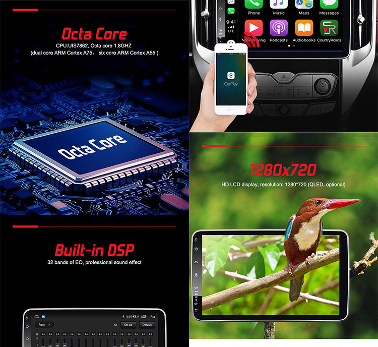 Universal Car Stereo Android 12 10.1inch Rotate Car Radio With Adjustable Viewing Angle