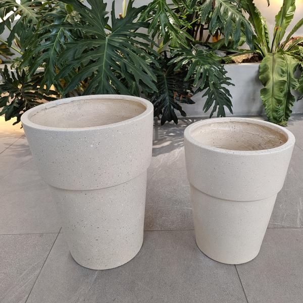 Quality Cream Composite Clay Flower Pot with Smooth Hand Carved Design for sale
