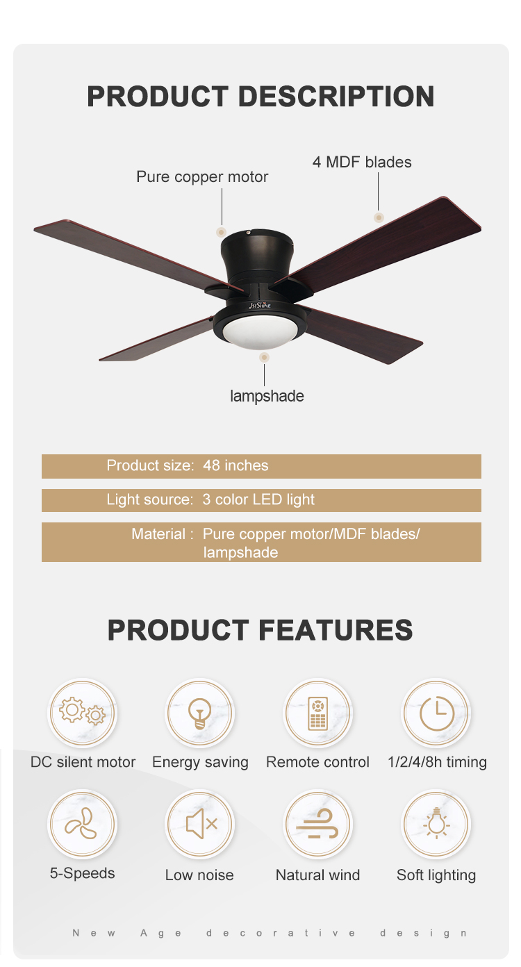 48 Inches Flush Mount Dimmable LED Ceiling Fan For Living Room from ...