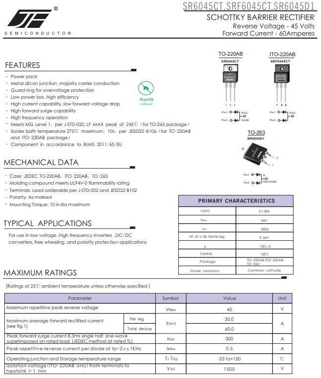 SR6045CT 45V/60A Schottky Barrier Rectifier Diode with TO-220AB Package