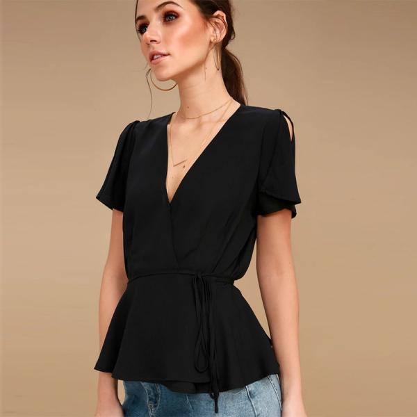 Quality Modesty V Neck Fashion Black Women Top With Plunging Neckline for sale