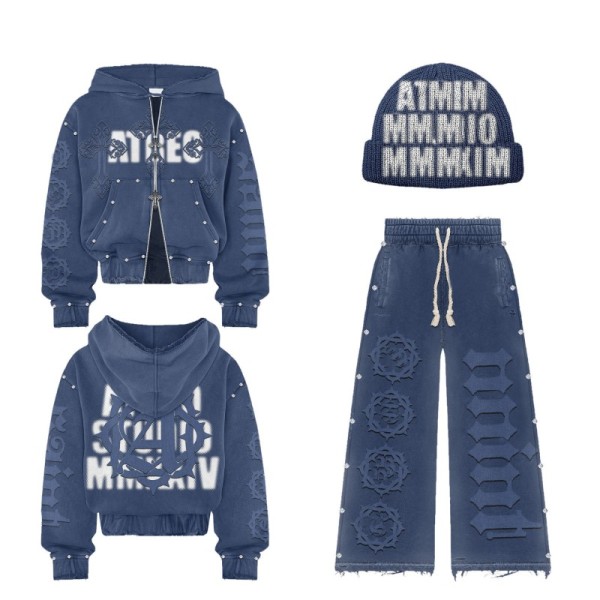Quality Manufacturer Custom Sweatsuit | Rhinestone Streetwear Tracksuit | Oversized Baggy Cropped Acid Wash Flared Sweatpants and Hoodie Set for sale