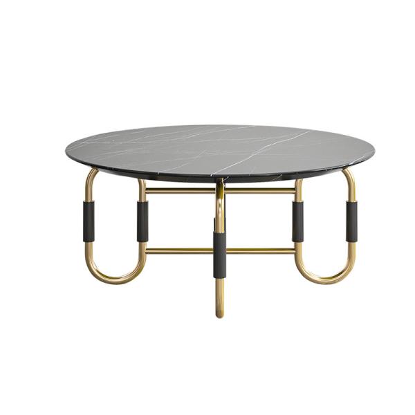 Quality Living Room Stainless Steel Round Central coffee Table  With Bright Gold Mirror Finish Natural Marble Top Metal Legs for sale