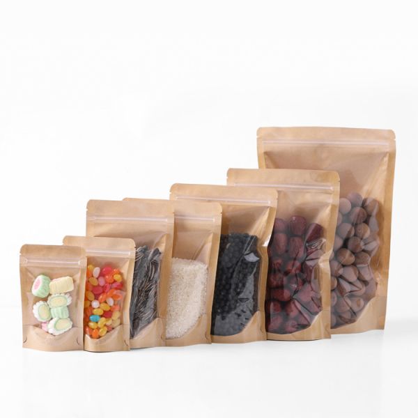 Quality Customizable Stand up Pouch With Window Kraft Paper Food Packaging Bag Ziplock for sale
