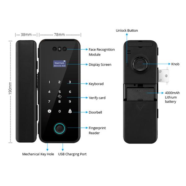 Quality Black Glass Door Lock Tuya Smart Lock Home Security 3D Face Digital Fingerprint for sale