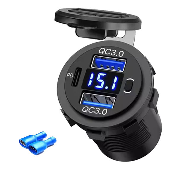 Quality Waterproof 12V 24V Vehicle Dual QC3.0 + PD USB Charger Socket with Voltage Display Power Outlets for sale