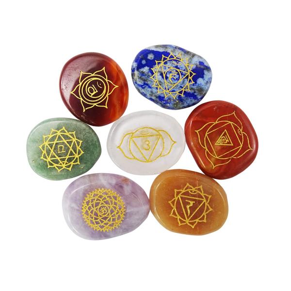 Quality Seven Chakra Stones Reiki Healing Crystal Set Engraved Symbols for Spiritual Transformation for sale