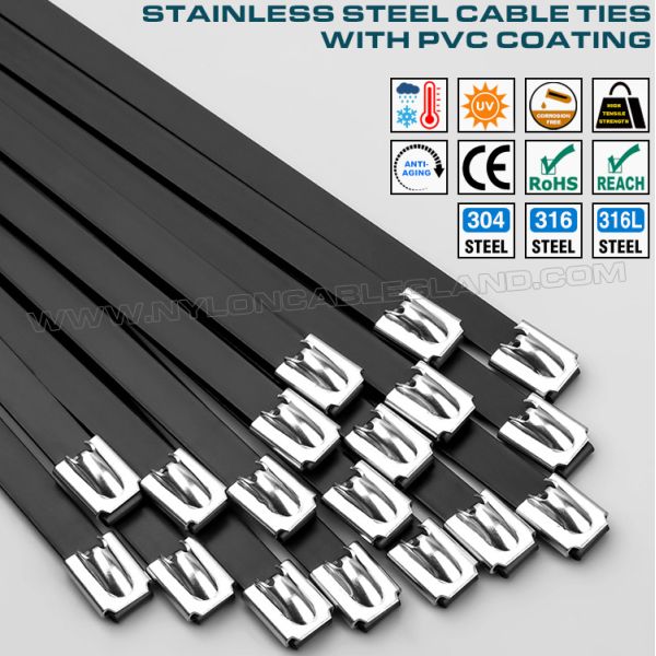 Quality PVC Coated Metal (Stainless Steel) Cable Ties, Version 316L, 316 or 304, L: 200~1100mm x W: 16mm, 200 Lbs, Outdoor Use for sale