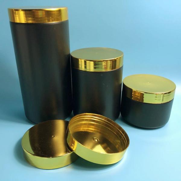 Quality Customized Various Sizes Black Plastic Wide Mouth Powder Canister With Gold Lid for sale