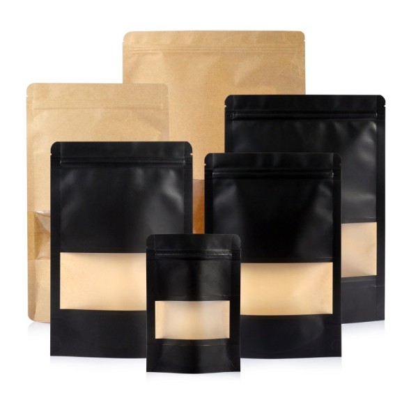 Quality Custom Matt Kraft Standup Bag Clear Window PE Plastic Zip Lock Doypack Retort Food Packaging Gravure Printing Paper Bags for sale