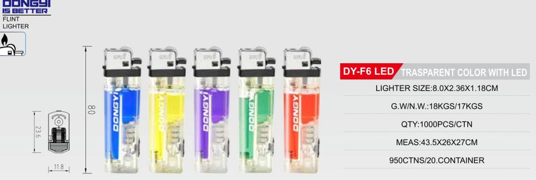 Dongyi Dy-F6 LED Lighter Flint Disposable Gas Lighter with Five Colors