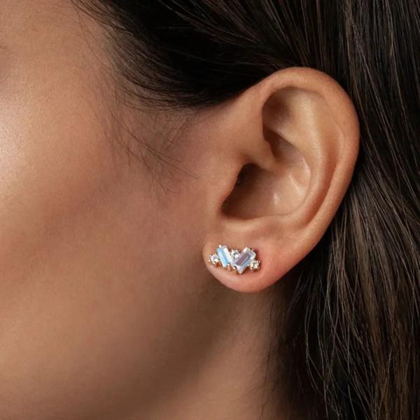 Quality Rainbow Moonstone Earrings Baguette cut Natural Moonstone Stud Earring Jewelry for sale