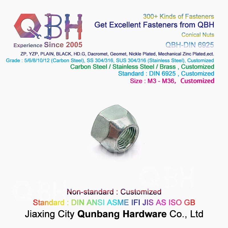 Qbh DIN6925 M3-M36 DIN 6925 Plain Black Yellow Blue Zinc Nickle Plated Hot DIP Galvanizing Dacr*Met Ge*Met Chrome Plating Wheel Hub Lock Hex Conical Nuts