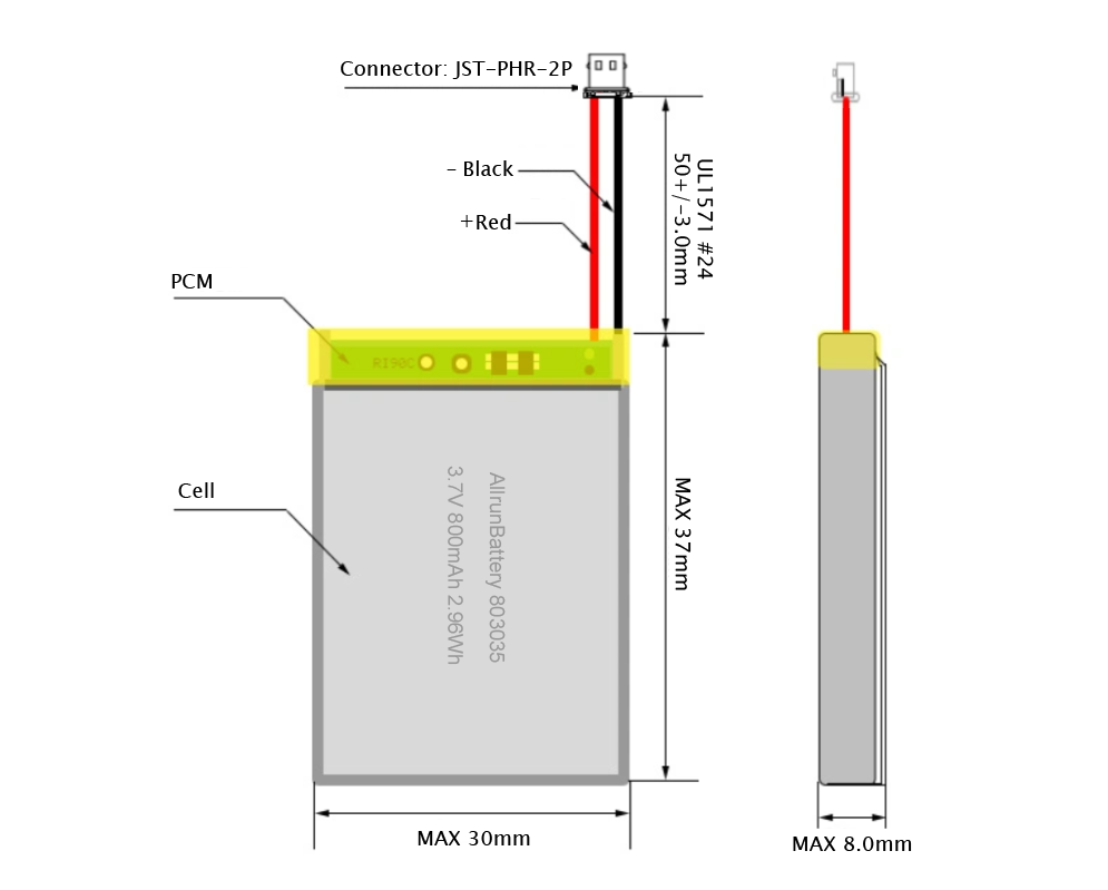 803035 Lithium Polymer Battery drawing
