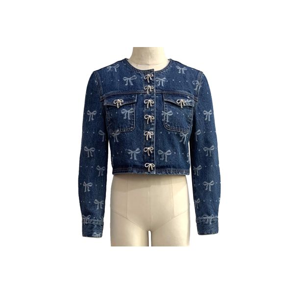 Quality All Over Bow Print Stylish Jean Jacket Playful And Feminine Look Jacket for sale