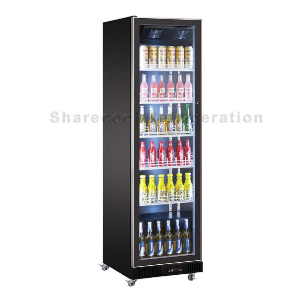 Quality Width 600mm Fan Cooling Glass Door Upright Refrigerator Drink Display Fridge for sale