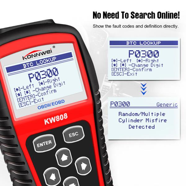 Quality Digital OBD Code Reader Diagnostic Tools Konnwei KW808 Large Backlit LCD Screen for sale