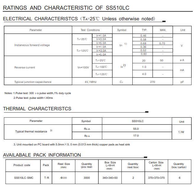 SS54LC/SS56LC/SS510LC/SS515L/SS520LC Low Vf Schottky Diodes With SMC Package
