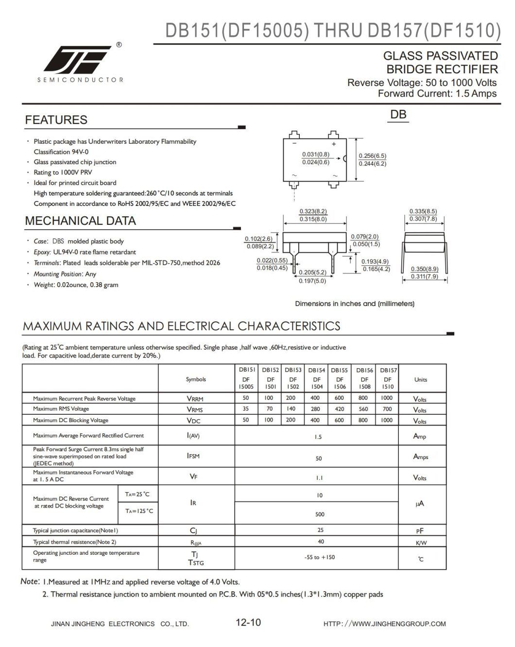 DF15005 THRU DF1510 GLASS PASSIVATED BRIDGE RECTIFIER DIODE WITH DB PACKAGE