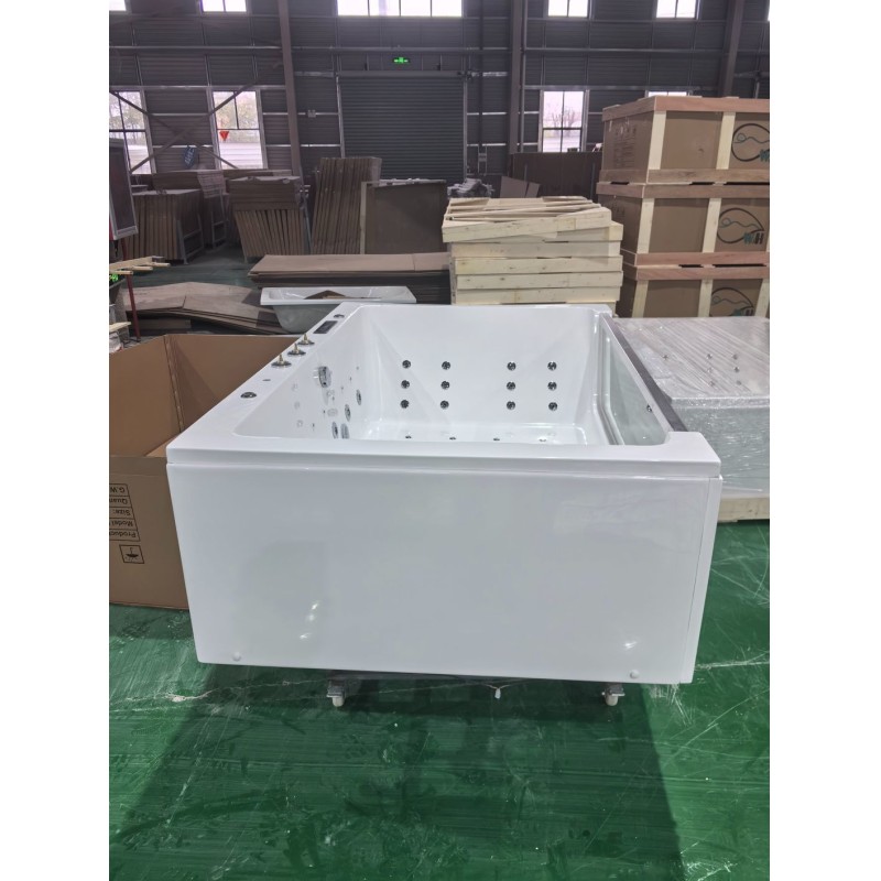 2 Person Rectangular Whirlpool Massage Bathtub with Front Blue Glass