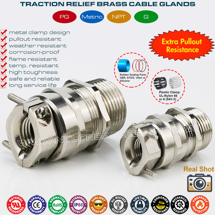 Nickel-Plated Brass IP68 Waterproof PG Cable Glands PG7~PG48 with Pullout Resistant Metal Clamp