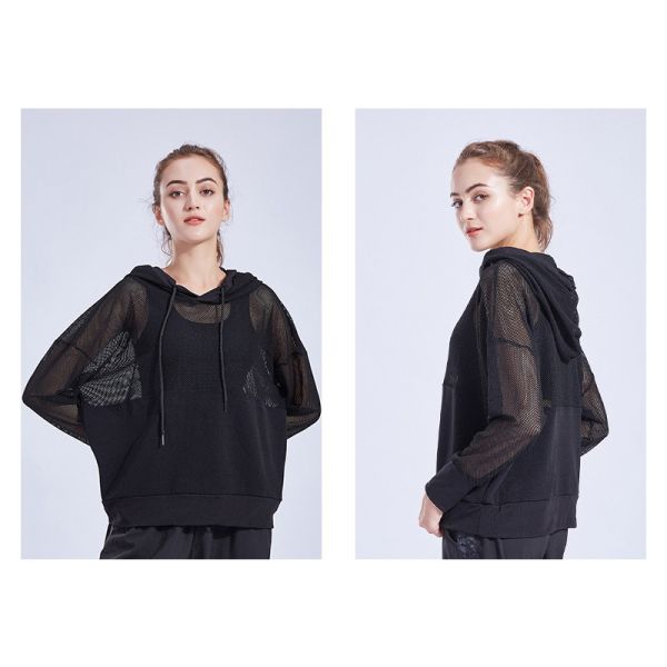 Quality Polyester Spandex Women Fashion Sportswear Transparent Mesh Workout Shirt With Pocket for sale