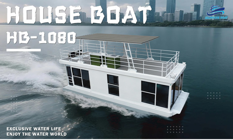 Modern double deck houseboat on water
