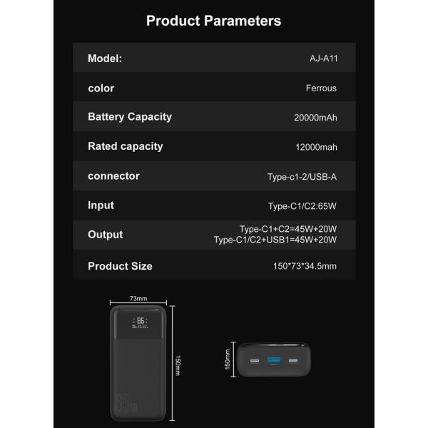 Quality 65W PD Powerbank Fast Charging Universal Portable Power Bank 200000mAh for sale