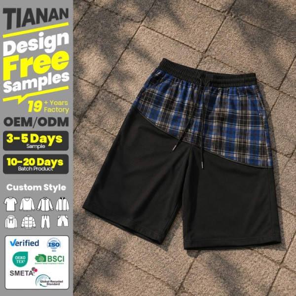 Quality Tianan Men's Apparel Supplier Custom Summer Casual Shorts Patchwork Plaid Print Drawstring Quick Dry Baggy Sports Shorts for sale