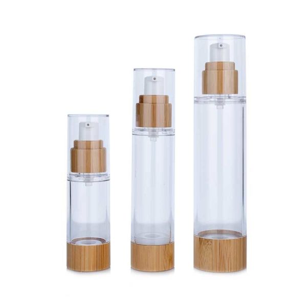 Quality 100ml 50ml 30ml Airless Containers Cosmetics Plastic Transparent With Bamboo Caps for sale