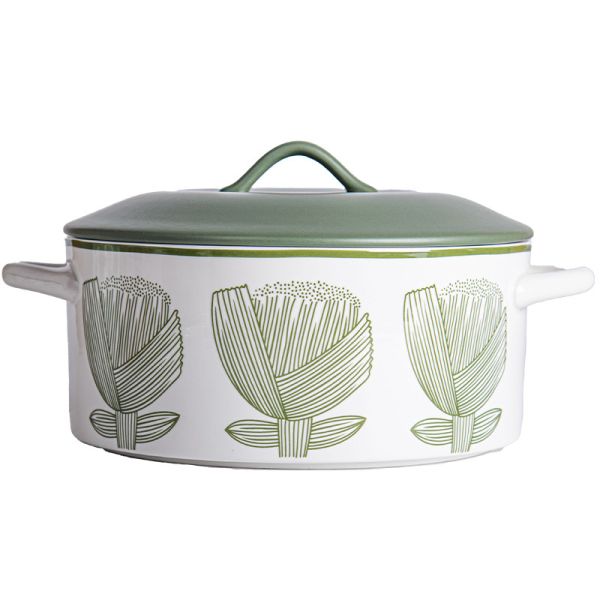 Quality Sustainable Floral Green Ceramic Pan Soup Bowl Set with Glass Cover and Pot Cover Type for sale