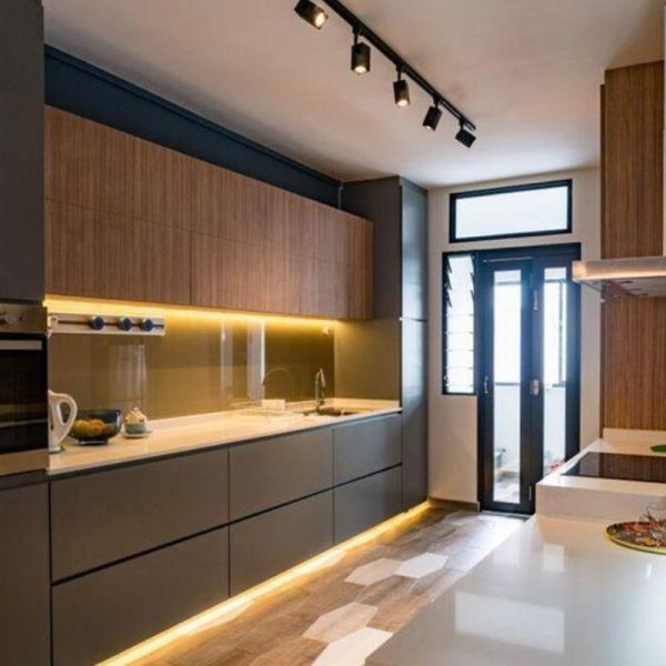 Quality Complete Glossy Melamine Board Kitchen Cabinet Set with Flat Edge Countertop for sale