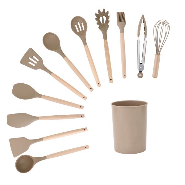 Quality Wooden Handle Kitchen Utensil Set with Holder Box and Non Stick Silicone Cooking for sale