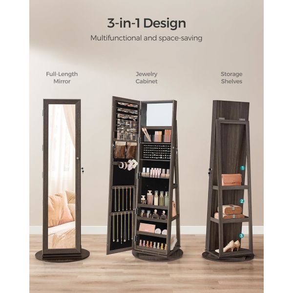 Quality Brown 360° Swivel Jewelry Cabinet Rectangle Standing Mirror With Storage for sale