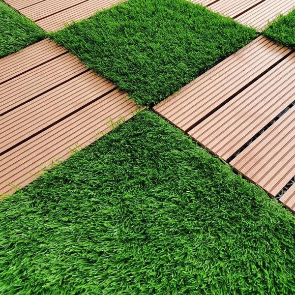 Quality Double PP NET PU Backing Artificial Grass Tile with PE Monofilament PP Curly for sale