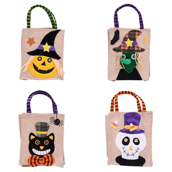 Quality Open Closure Reusable Halloween Pumpkin Witch Skeleton Linen Bag for Candy Collection for sale