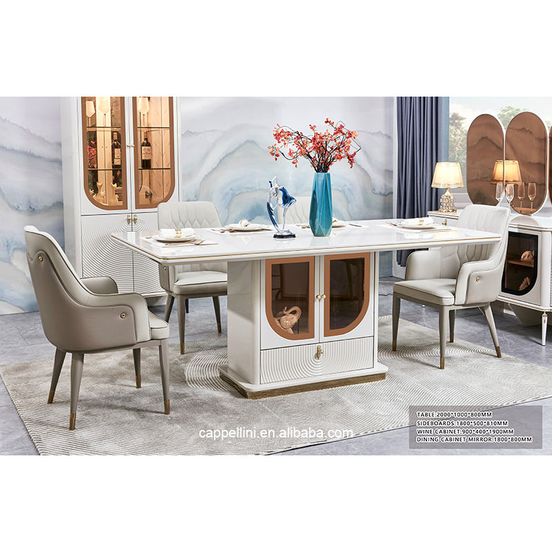 Quality Elegant Luxury Dining Table and Chairs Set 6 Seater Furniture Home Storage White Complete Modern Large Wooden Dining Room Sets for sale