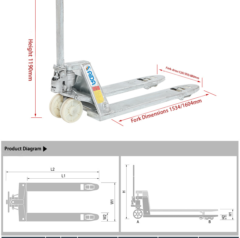 Aida CE SGS ISO Factory Casting Pump Hydraulic Galvanized Steel Hand Pallet Truck Jack 2 Ton Manual Forklift Truck