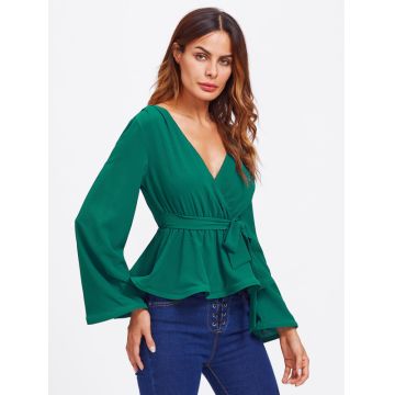 Quality Bell Sleeve Wrap Blouse with Deep V Neck for sale