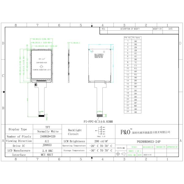 Quality Polcd 2.8 Inch TFT Display 240x320 IPS Screen High Contrast 1200:1 TFT Panel LCD for sale