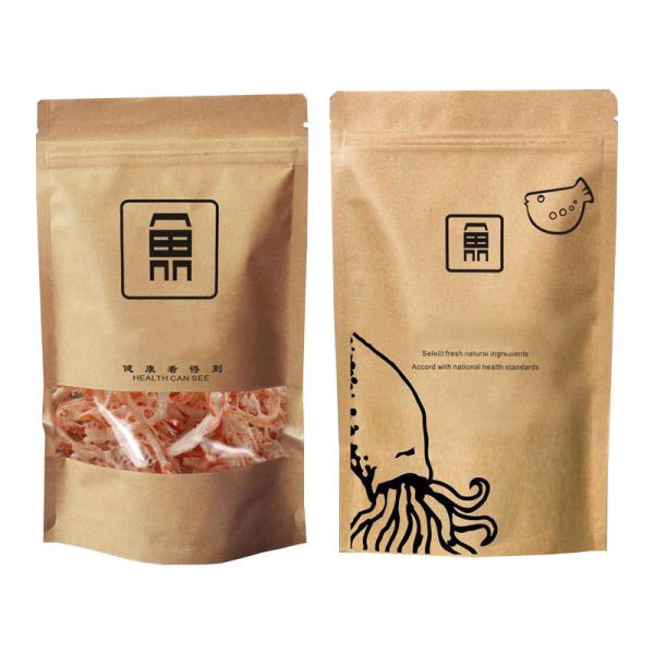 Quality Printed Stand Up Kraft Paper Bag with Zipper with Matte Clear Window for Dry Sea Food Packaging for sale