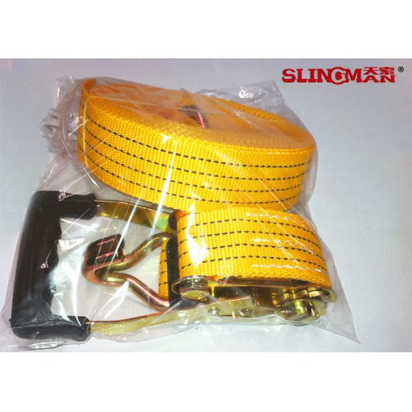 Quality 50MM Polyester Ratchet Tie Down Straps Yellow With Ratchet And Two Double J Hook for sale