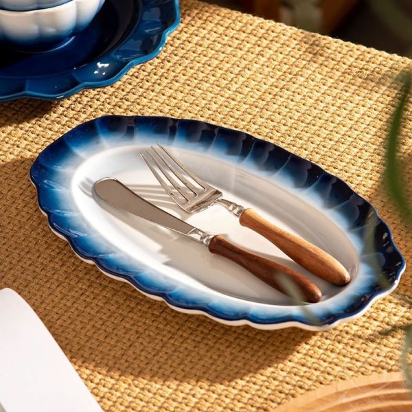 Quality 2024 Floral Ceramic Dining Plate Set Tableware Porcelain Blue Stoneware for sale
