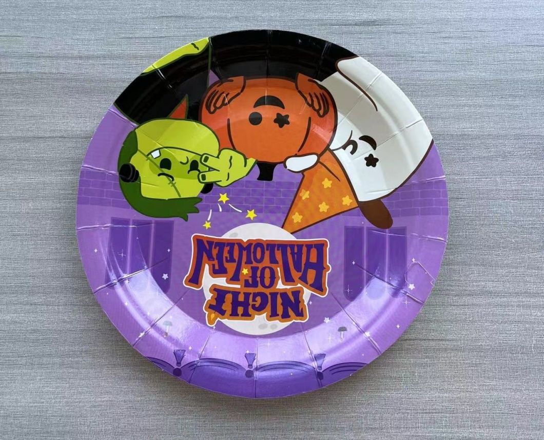 Disposable Plate Eco-Friendly Party Decoration 7inch Customizable Round Colourful Halloween Decorated Party Paper Plate