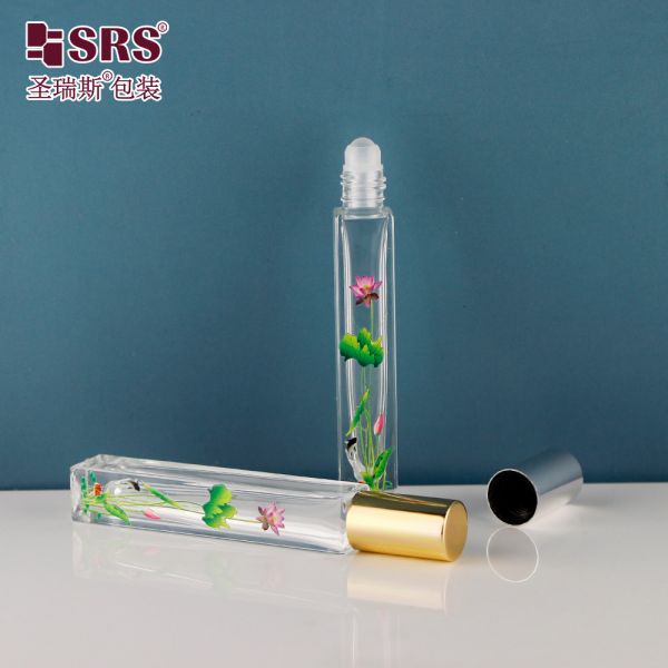 Quality 10ML Square Shape Roll On Bottles With 3D Printing Flowers Roller Ball Bottle for sale